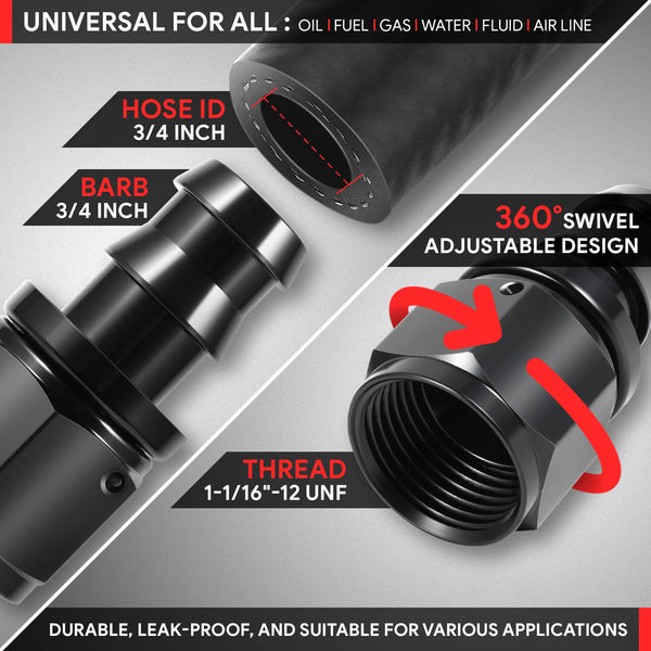 12AN Straight Push Lock Hose End Fittings Thread Size: 1-1/16-12 UNF ...