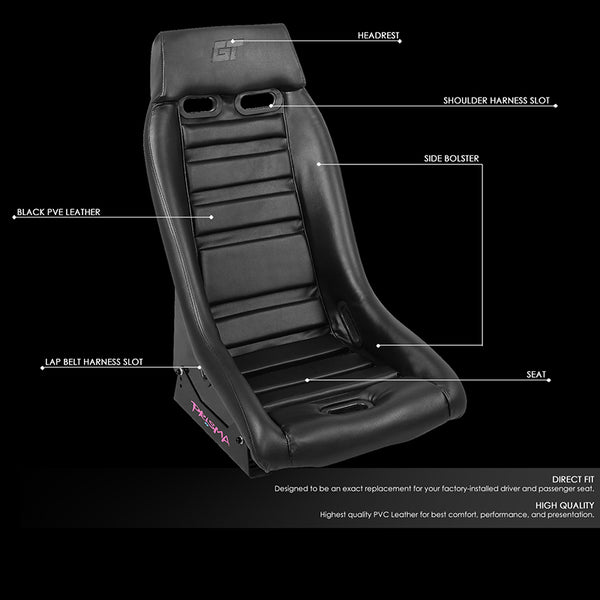 Black Fiberglass Leather Bucket Racing Seat Universal - CA Auto Parts